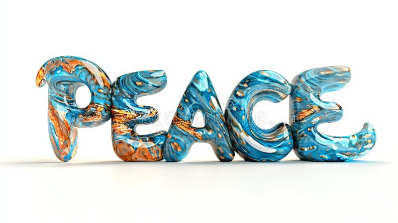 Abstract Swirls the Word Peace in Blue and Gold Marble Texture on White ...