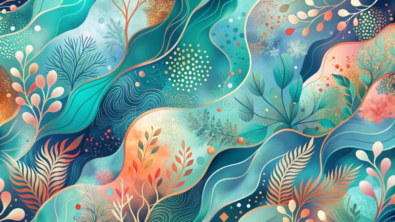 Abstract Teal and Copper Botanical Illustration Featuring Organic Wave ...