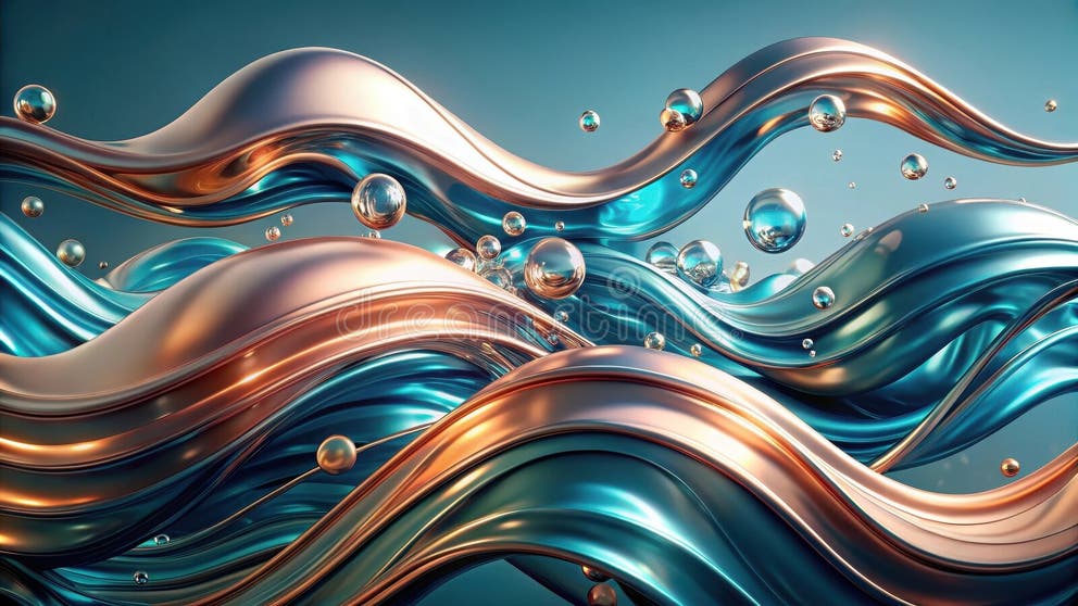 Abstract Teal and Copper Waves with Floating Spheres a Luxurious Visual ...