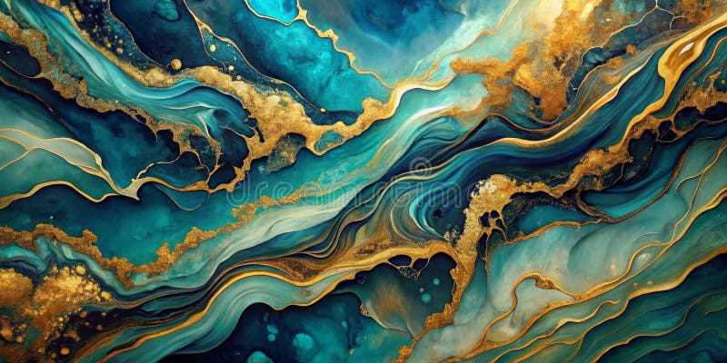 Abstract Teal and Gold Swirling Fluid Art Design. Generative AI Stock ...