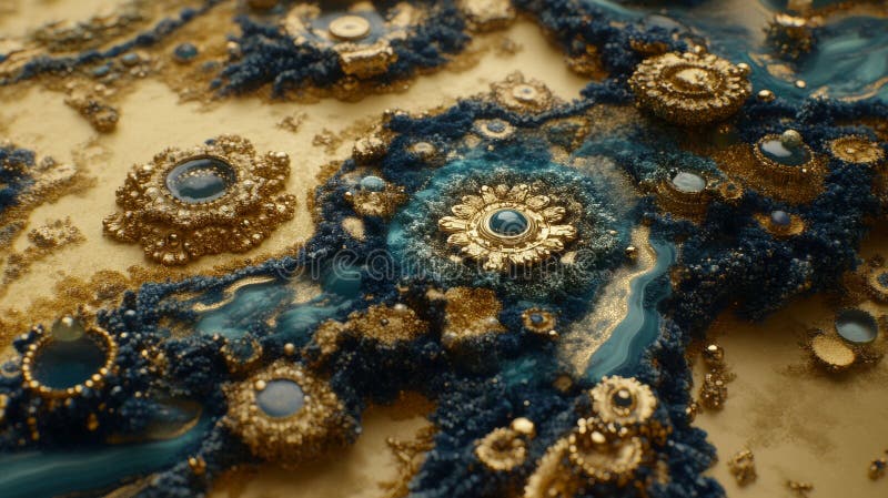 Abstract Teal Liquid Design with Golden Bubbles and Spirals Stock Photo ...