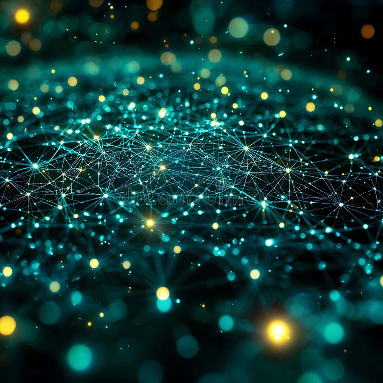 Abstract Teal Network Connection Glowing Nodes and Lines Form a Complex Web, Symbolizing Global ...
