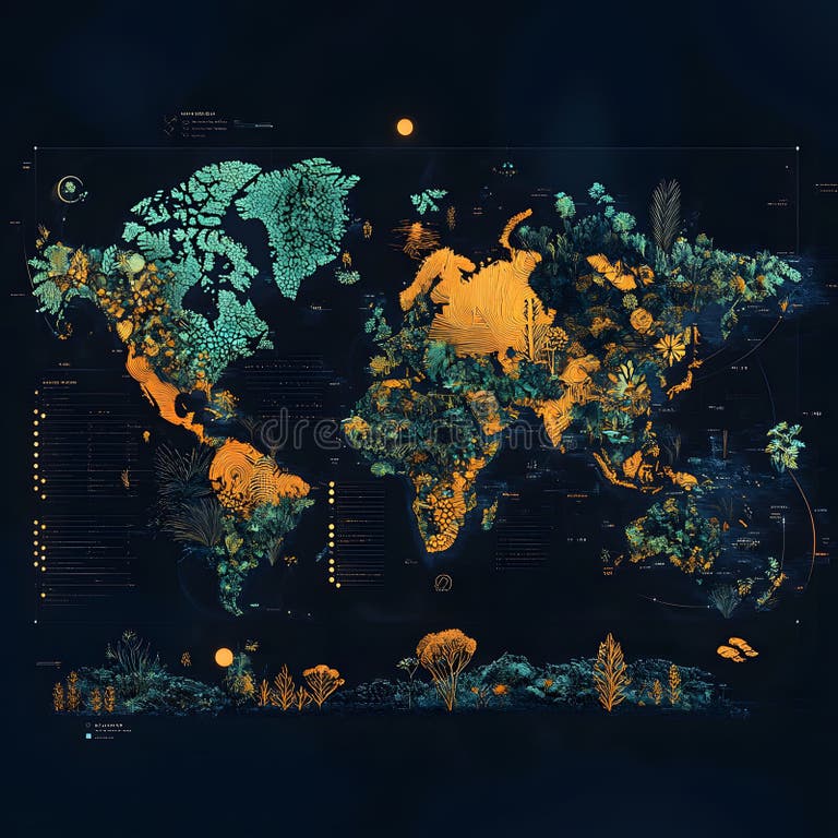 Abstract Teal and Orange Pixelated World Map Data Visualization Stock Illustration ...