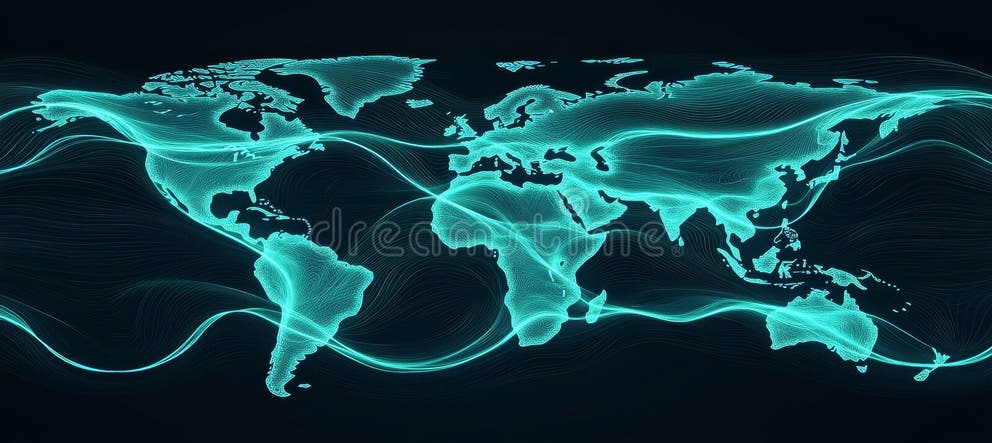 Abstract Teal Outline World Map with Interconnected Data Flow Lines on ...