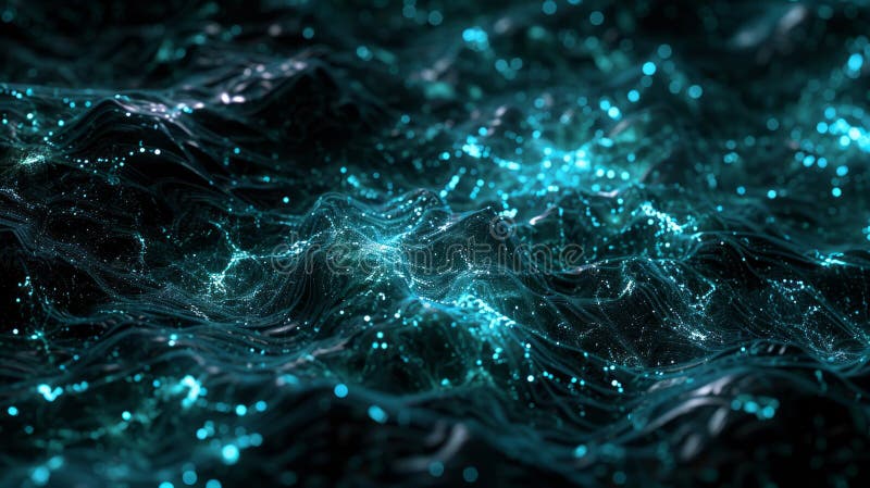 Abstract Teal Wavy Particle Flow, Cyberpunk Network Visualization, Data ...