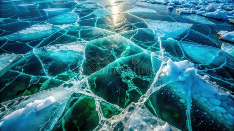 Abstract Teal and White Ice Formations on Frozen Water. Generative AI ...