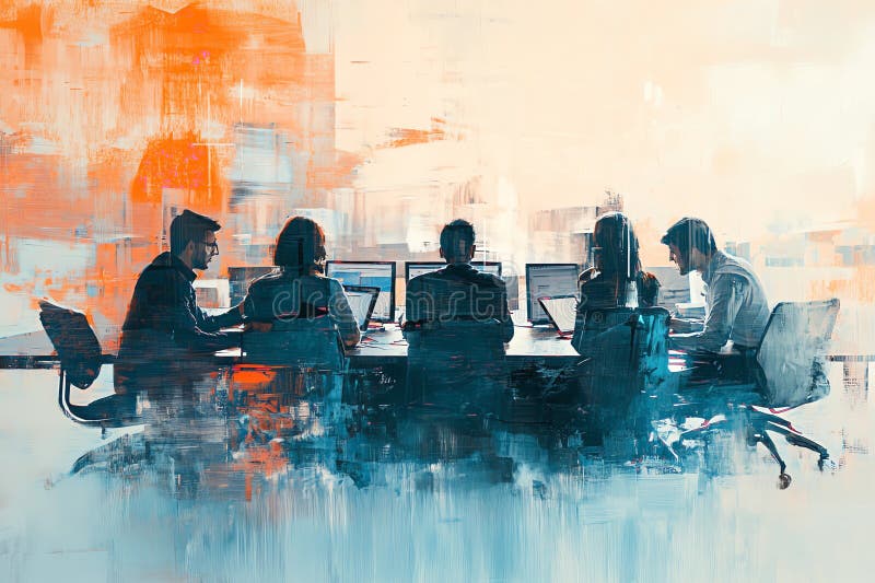 Abstract Teamwork in Office Setting with Warm Light and Digital Devices ...