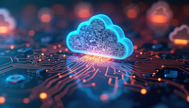 Abstract Tech Art Shows Cloud Computing Concept. Digital Cloud Shape, Circuit Board, Network ...