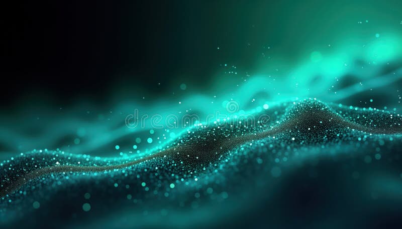 Abstract Tech Backdrop Shows Glowing Teal Blue Green Particles. Dark ...