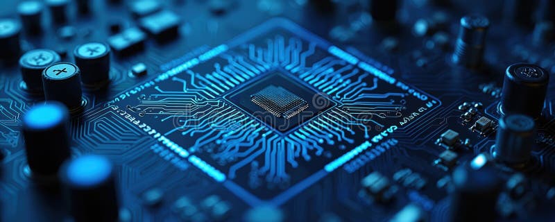 Abstract Tech Background Computer Motherboard. Dark Blue Color, Glowing ...