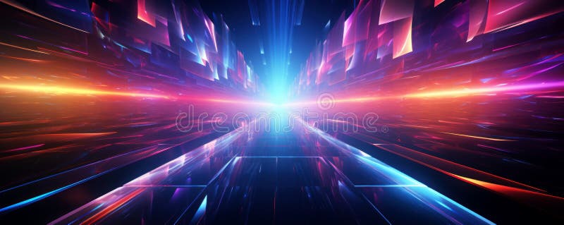 Abstract Tech Background, Cyberspace with Neon Lighting. Perspective of ...