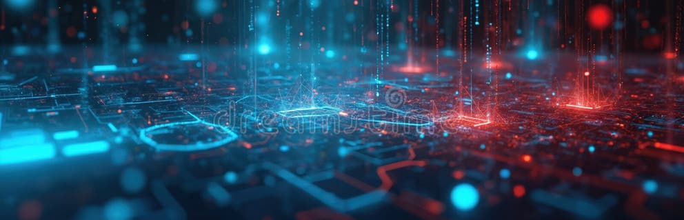 Abstract Tech Background with Digital Lines, Light Dots, Binary Code. Representing Data Exchange ...