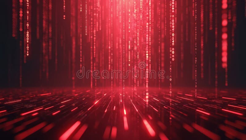 Abstract Tech Background Displays Flowing Red Binary Code. Dynamic Glowing Lines, Patterns ...