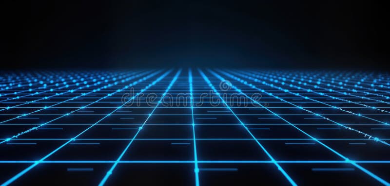 Abstract Tech Background Features Bright Neon Blue Grid Pattern on Dark ...