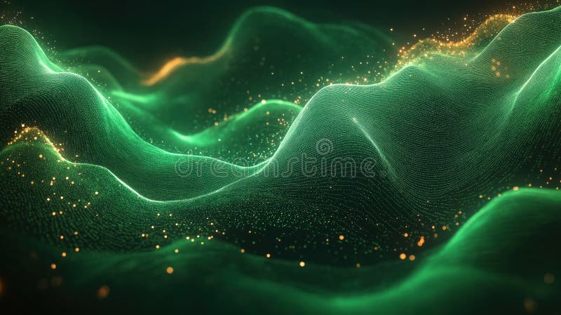 Abstract Tech Background Features Dynamic Green Waves. Digital Lines, Particles Create Flowing ...