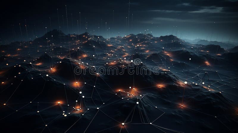 Abstract Tech Background Featuring Bright Orange Lights and Connecting ...