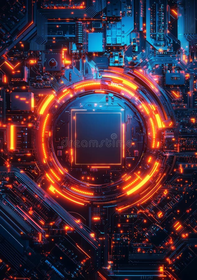 Abstract Tech Background with Neon-lit Circuit Boards, Wires, and ...