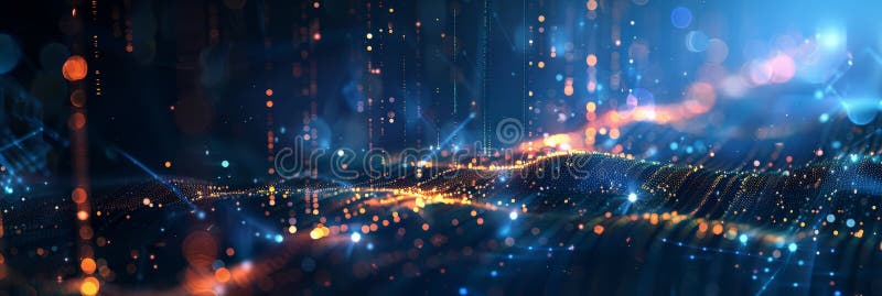 Abstract Tech Background with Orange and Blue Light Particles and ...