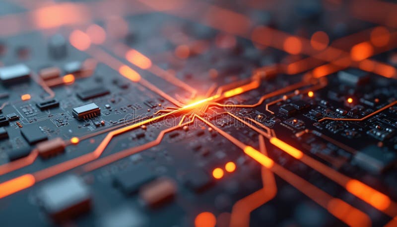 Abstract Tech Background. Orange Light Trails on Dark Electronic ...