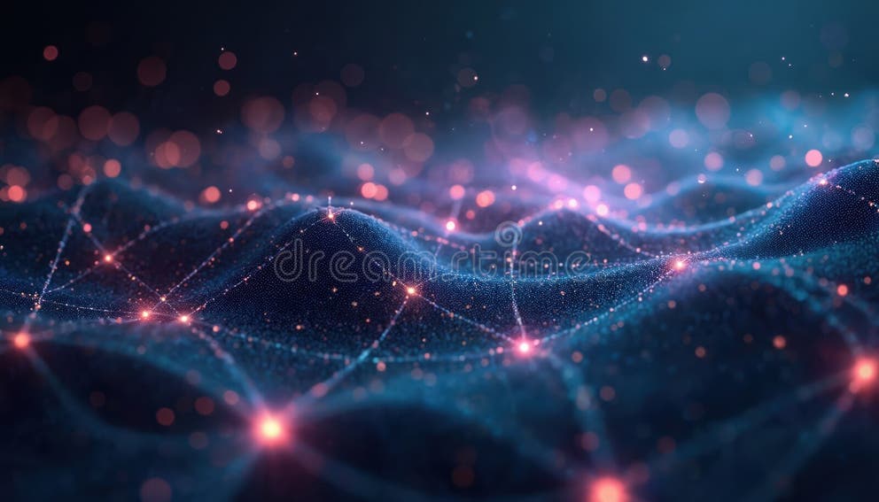 Abstract Tech Background of Quantum Computing System with Cyber Network Grid, Connected Glowing ...