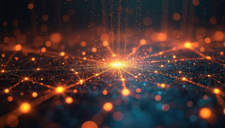 Abstract Tech Background Quantum Computing System with Cyber Network Grid, Connected Particles ...