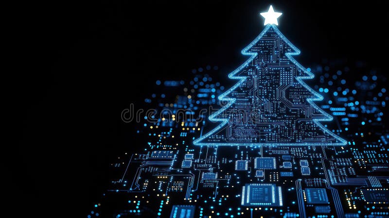Abstract Tech Christmas Tree. Luminous Blue Circuit Board Design Stock ...