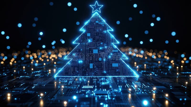 Abstract Tech Christmas Tree. Luminous Blue Tech Tree Shape on Circuit ...