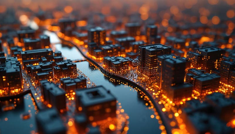 Abstract Tech City, Illuminated with Golden Lights. Modern Urban ...