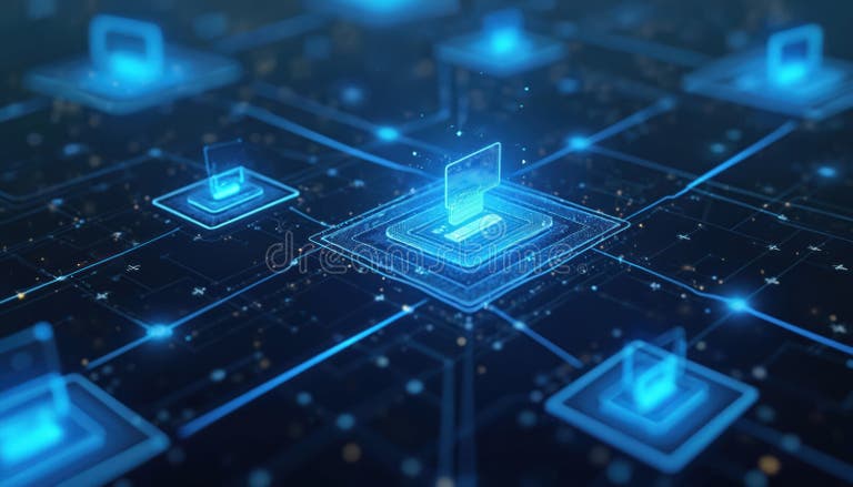 Abstract Tech Design Shows Digital Data Network. Blue Neon Light ...