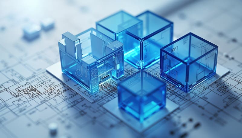 Abstract Tech Design. Transparent Blue Cubes on Blueprints. Modern Tech ...
