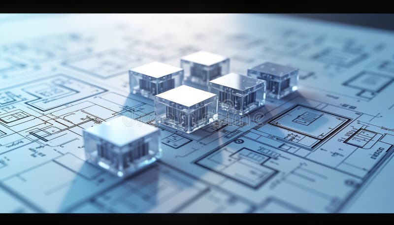 Abstract Tech Design. Transparent Cube Structures on Blueprints. Modern ...