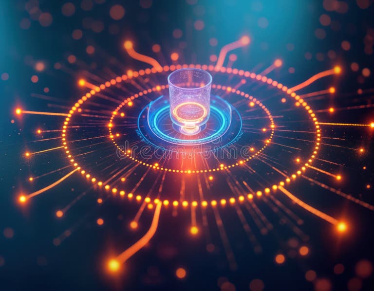 Abstract Tech Funnel with Glowing Data Points. Network Flow Concept ...