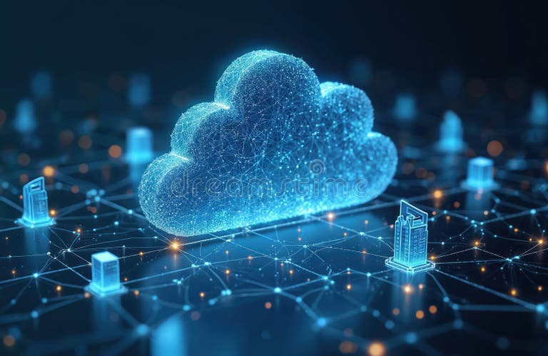 Abstract Tech Illustration Cloud Computing, Data Transfer. Illuminated Cloud Icon Central ...