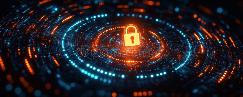 Abstract Tech Illustration Shows Glowing Data Circles with Central Lock ...