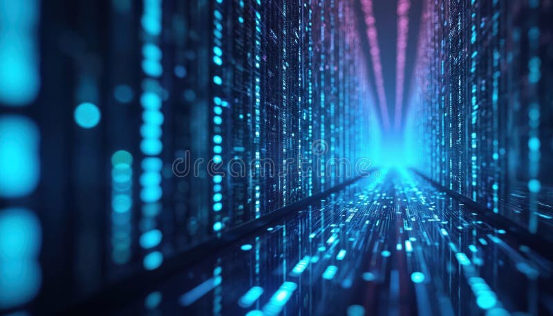 Abstract Tech Illustration Shows a Tunnel Created with Binary Code Data Streams. Cyber ...