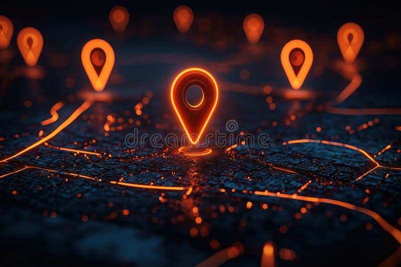 Abstract Tech Map Visualization Shows Glowing Location Pins on Digital ...