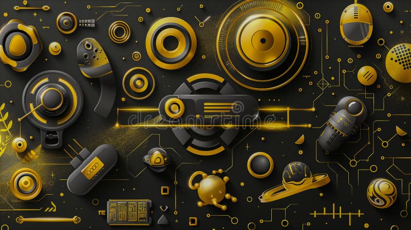 Abstract Tech Objects in Black and Gold Design Stock Illustration ...