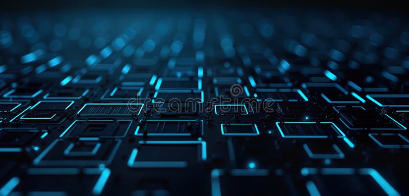 Abstract Tech Pattern with Neon Blue Light on Dark Background. Complex ...