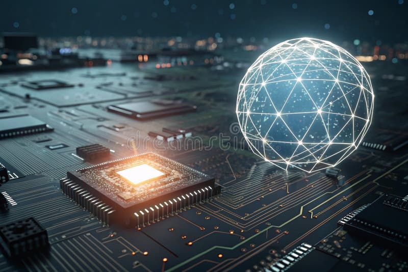 Abstract Tech Visualization: Circuit Board, Energy, and Global ...