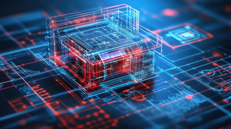 Abstract Tech Wireframe Cube Circuitry in Blue and Red Data Processing Advanced Networking ...