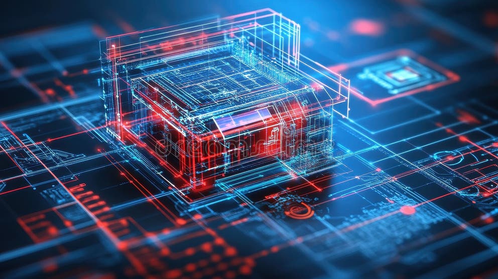Abstract Tech Wireframe Cube Circuitry in Blue and Red Data Processing Advanced Networking ...