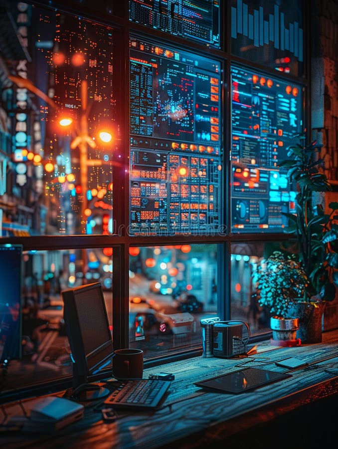 Abstract Tech Workspace with Digital Screens and Creatives Thinking ...