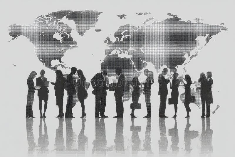 Abstract Tech World Map Background Silhouettes Business Professionals ...