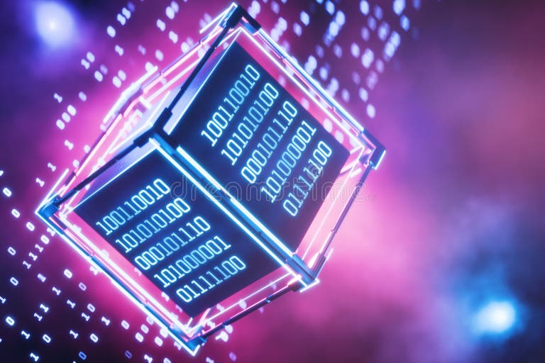 Abstract Technical Background. Computer Code. Binary Code. Cube with Binary Code. Hacker Attack ...