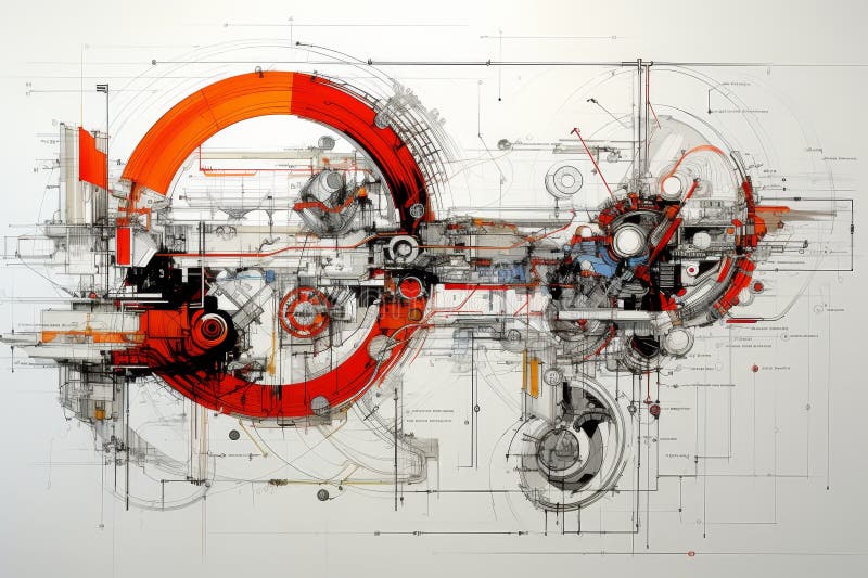 Abstract Technical Drawing Featuring Interconnected Cylinders and ...