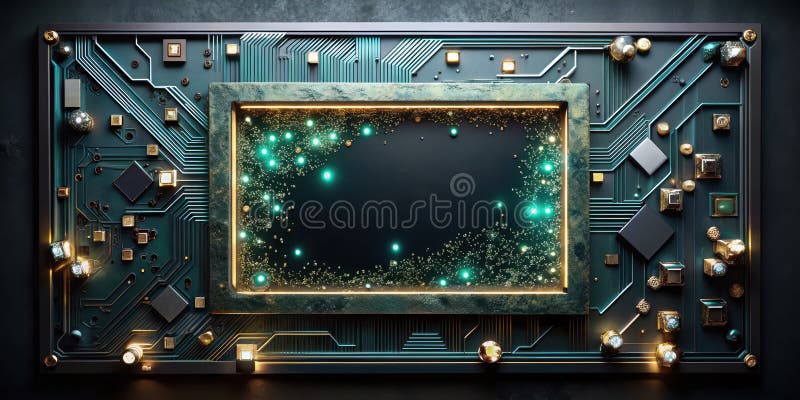 Abstract Technological Frame with Glowing Particles and Gold Accents ...