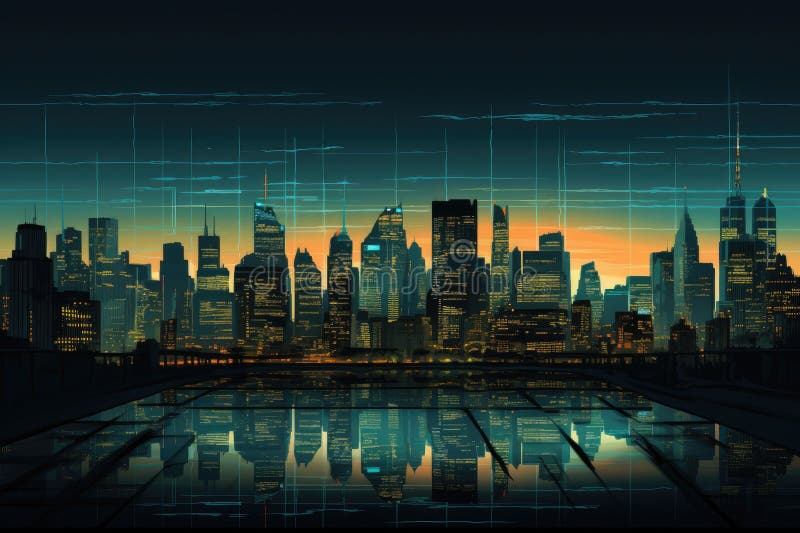 Abstract Technology Background with Binary Code and Cityscape. Network ...
