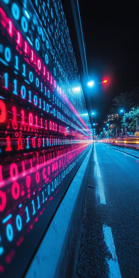 Abstract Technology Background with Binary Code and Motion Blur on City ...