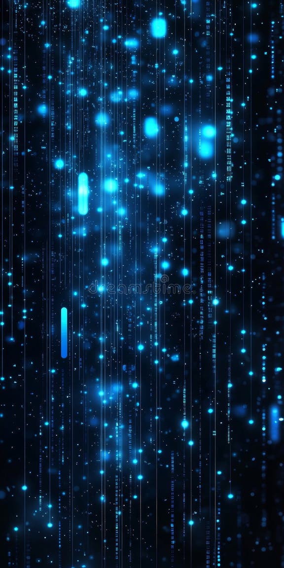 Abstract Technology Background. Blue Binary Code Matrix with Light Particles. Digital Code ...