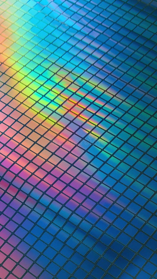 Abstract Technology Background with Colorful Rainbow Reflection on Grid Pattern in Blue Light ...